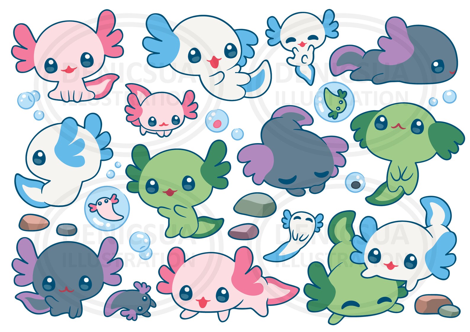 Baby Axolotls Clipart Cute Axolotl Kawaii Mexican | Etsy