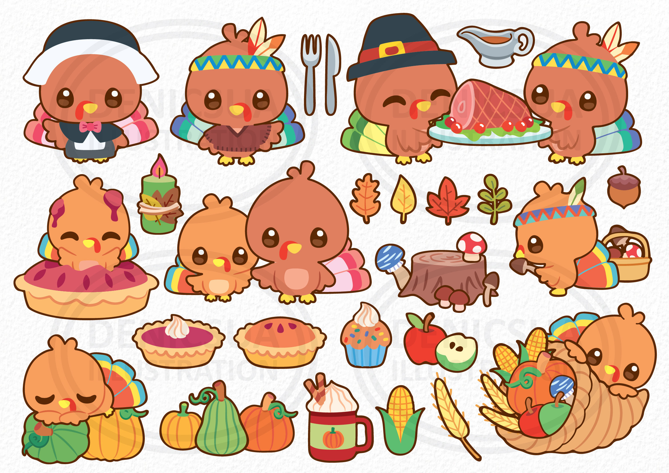 Happy Thanksgiving Clipart Turkey Doodle Kawaii Autumn - Etsy