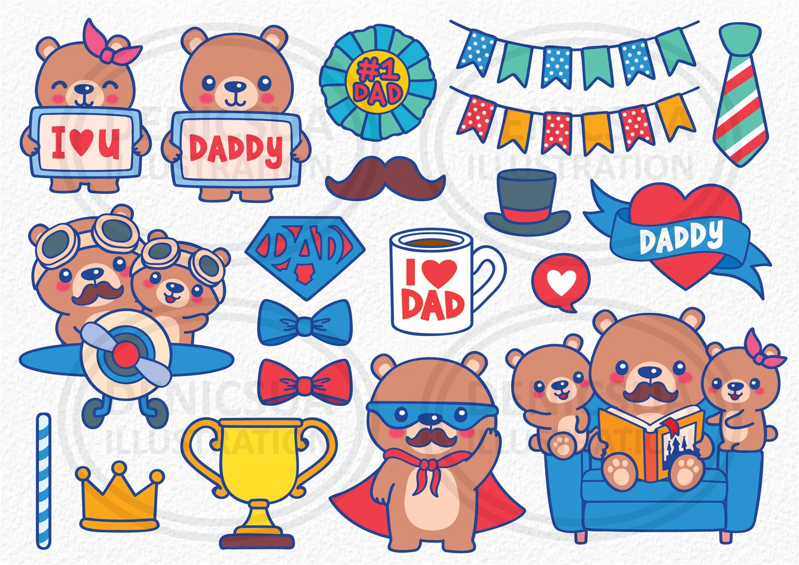 Father's Day Clipart Super Daddy Bear Cute Illustration - Etsy