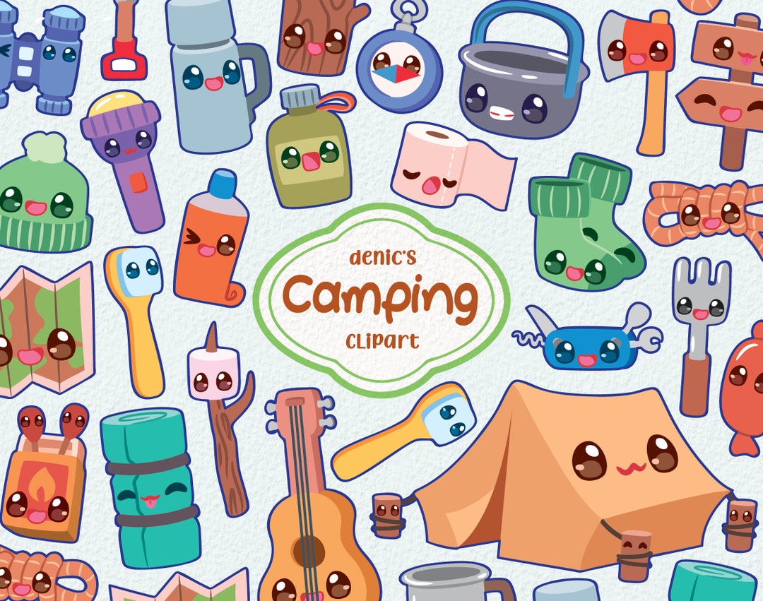 Camping Clipart, Summer Travel Vector, Kawaii Outdoor Tent, Campfire ...