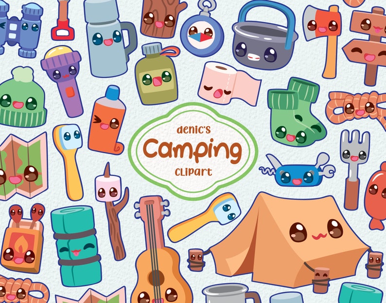 Camping Clipart, Summer Travel Vector, Kawaii Outdoor Tent, Campfire ...