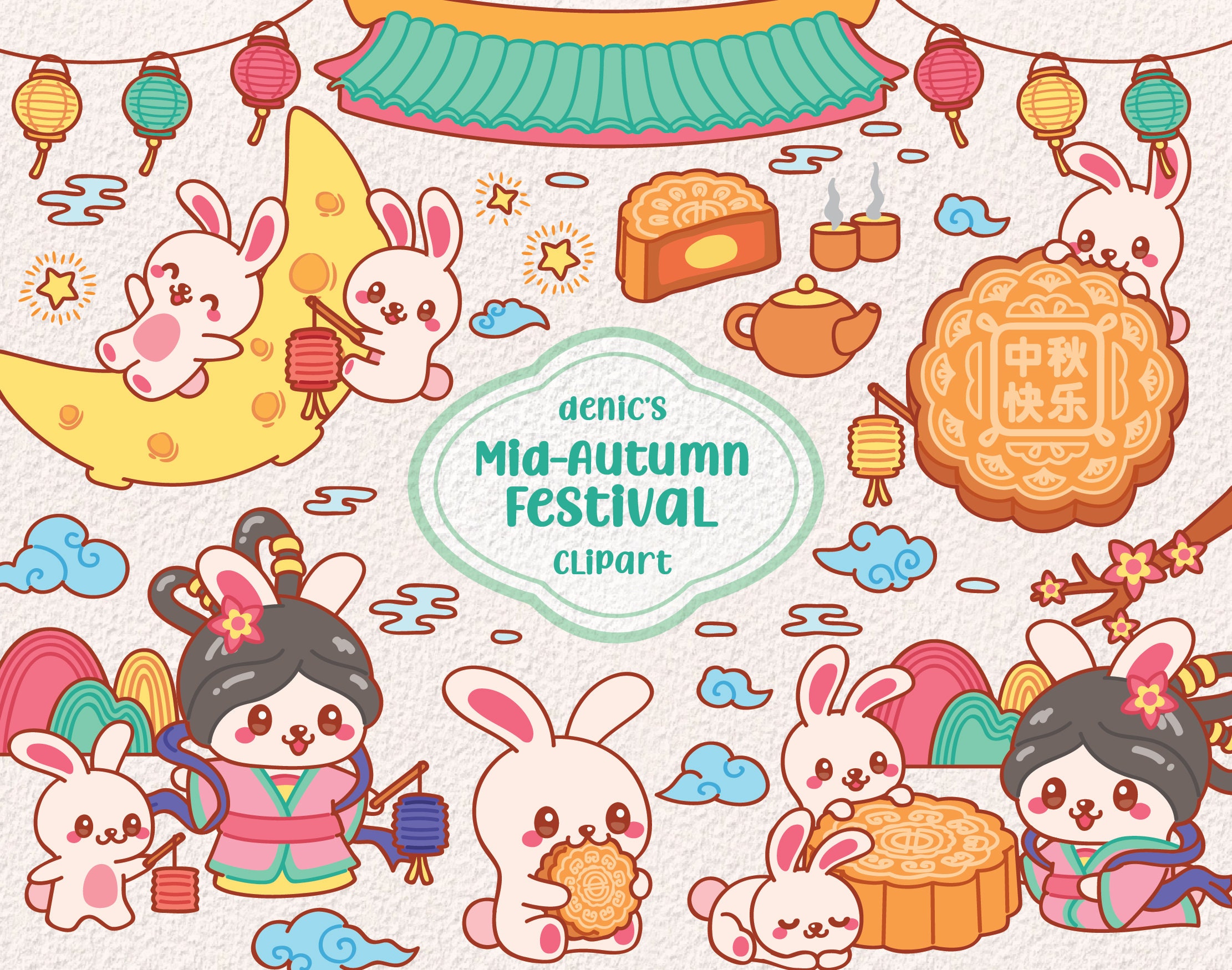 Mooncake Festival Clipart Mid Autumn Rabbit Kawaii Mooncake - Etsy.de