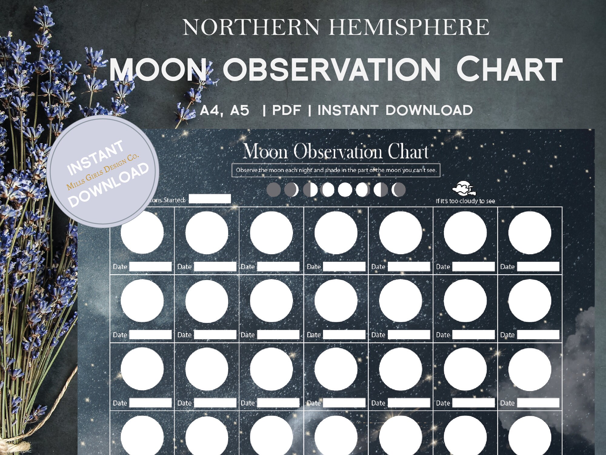 Moon Observation Chart | Northern Hemisphere | Moon Phase Tracker Diary ...