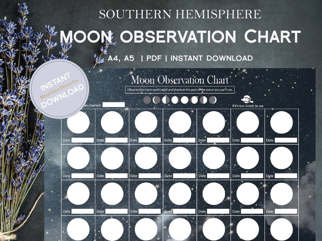Moon Observation Chart | Southern Hemisphere | Moon Phase Tracker Diary ...