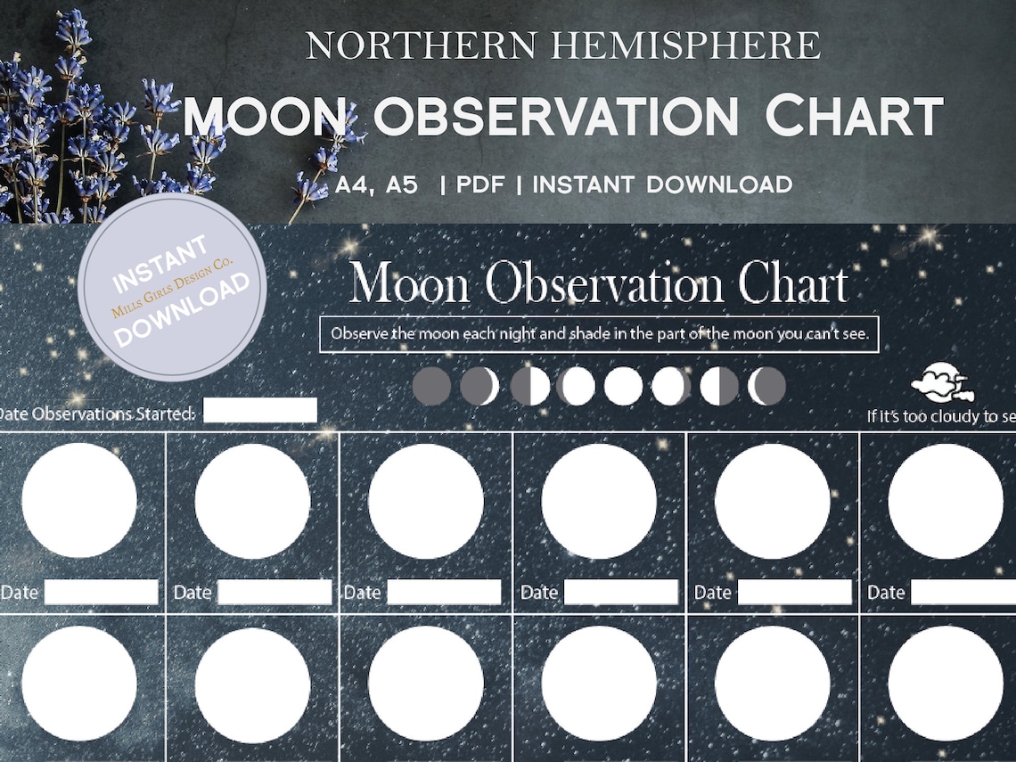Moon Observation Chart | Northern Hemisphere | Moon Phase Tracker Diary ...