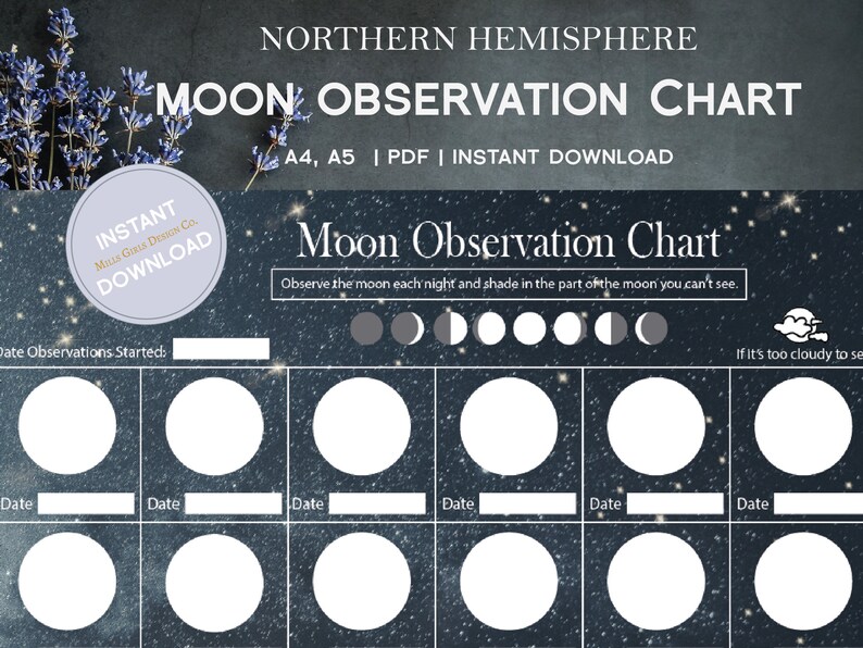 Moon Observation Chart | Northern Hemisphere | Moon Phase Tracker Diary ...