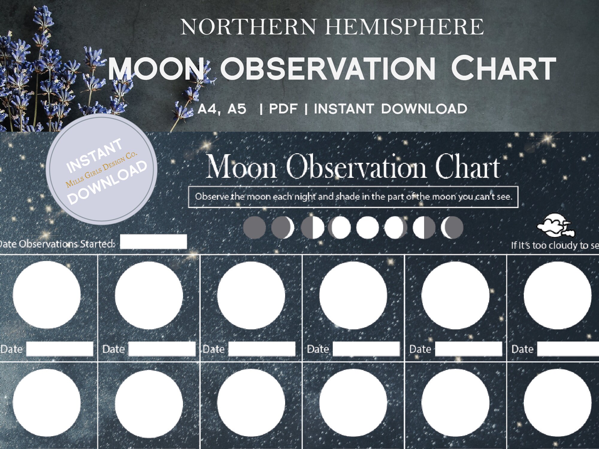 Moon Observation Chart | Northern Hemisphere | Moon Phase Tracker Diary ...