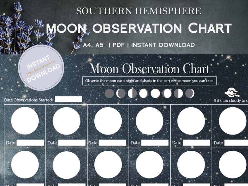 Moon Observation Chart | Southern Hemisphere | Moon Phase Tracker Diary ...