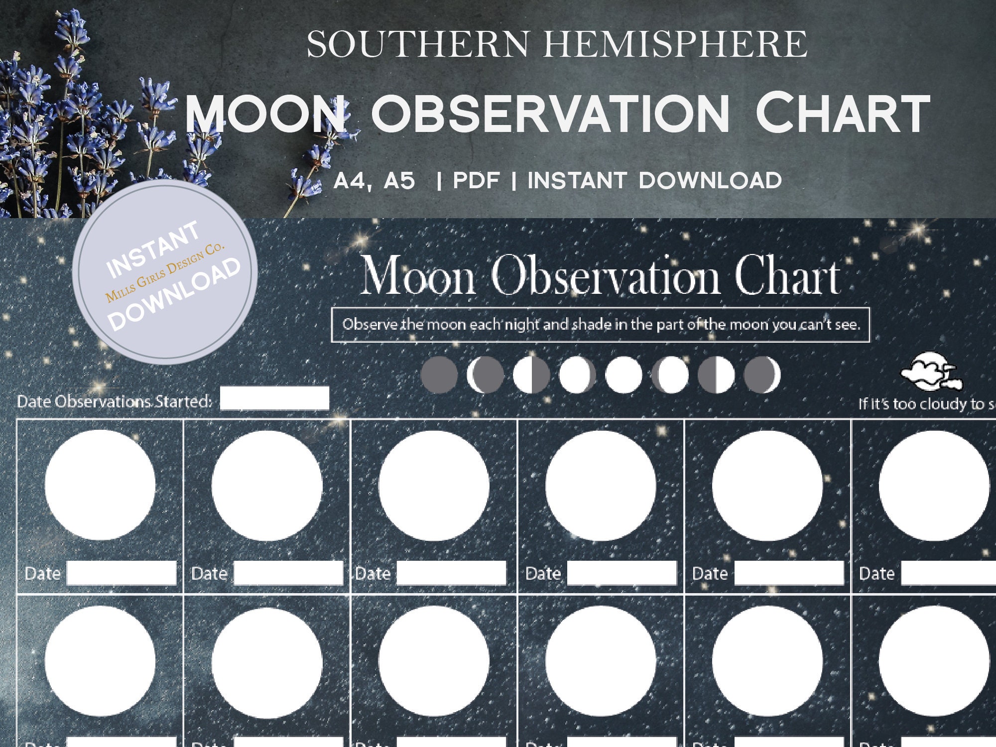 Moon Observation Chart | Southern Hemisphere | Moon Phase Tracker Diary ...
