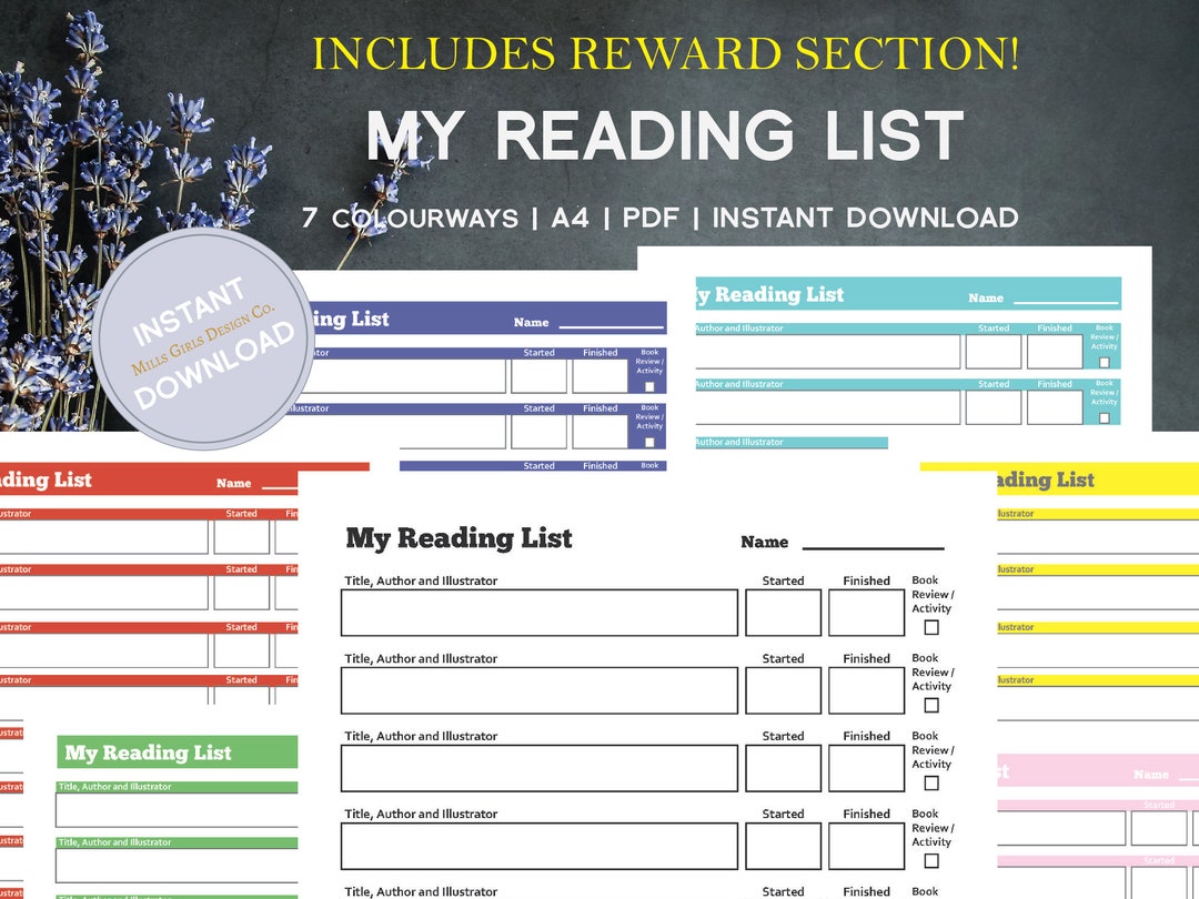 Reading List | 10 Book Log | Reward Section | 7 Colourways | INSTANT ...
