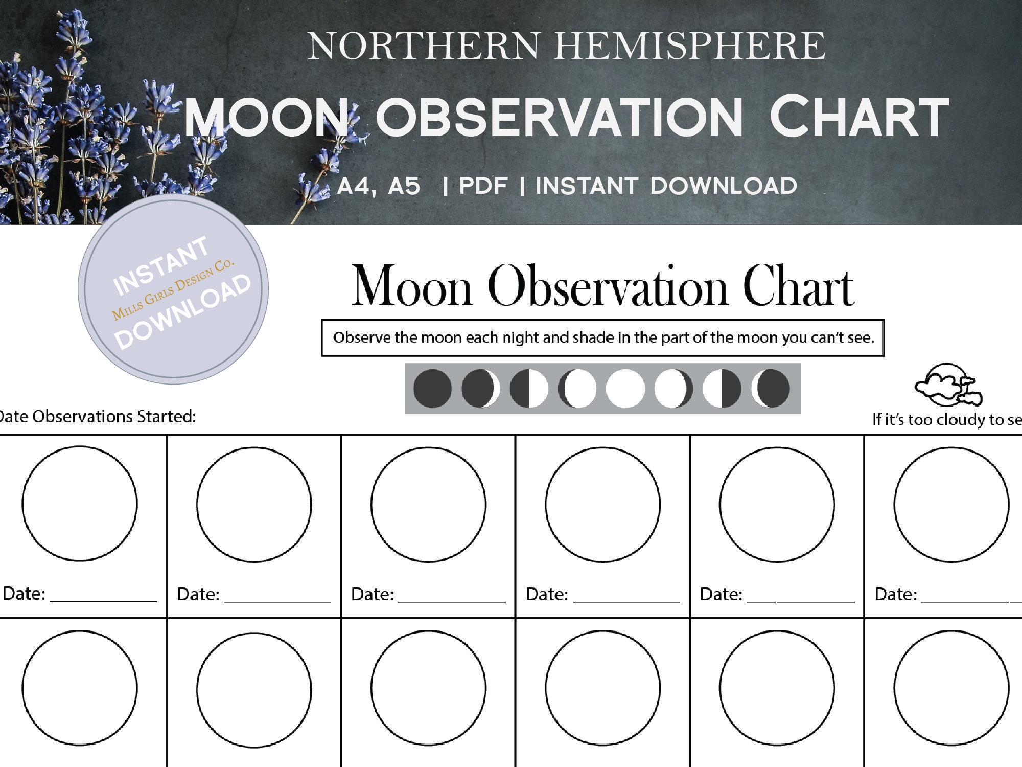 Moon Observation Chart Minimalist | Northern Hemisphere | Moon Phase ...