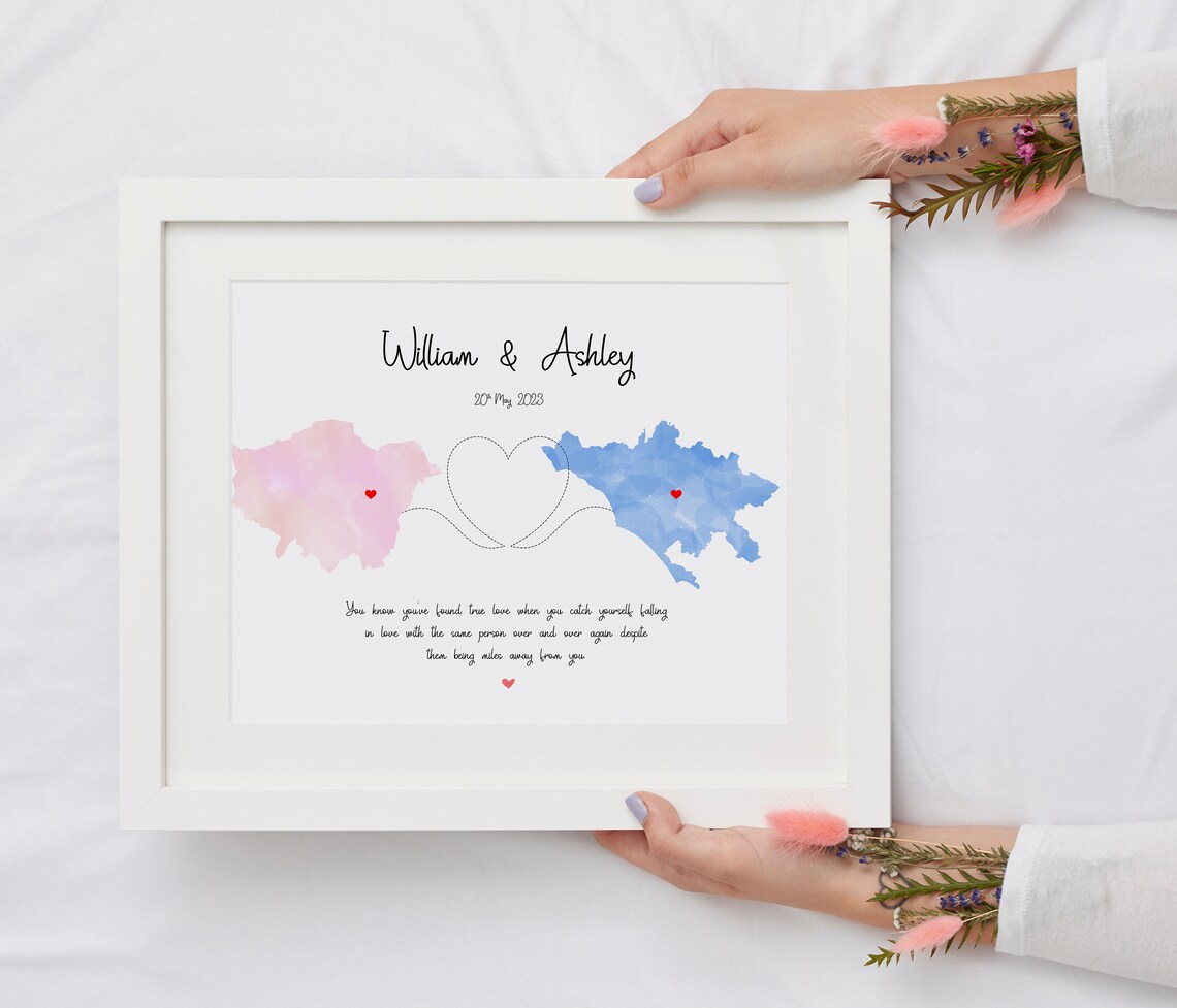 Personalized Watercolor Map Print: Long Distance Love, Custom Country ...