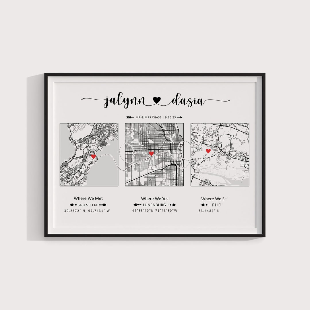Met Engaged Married Map – Personalized Map Art for Couples | Custom 3 ...