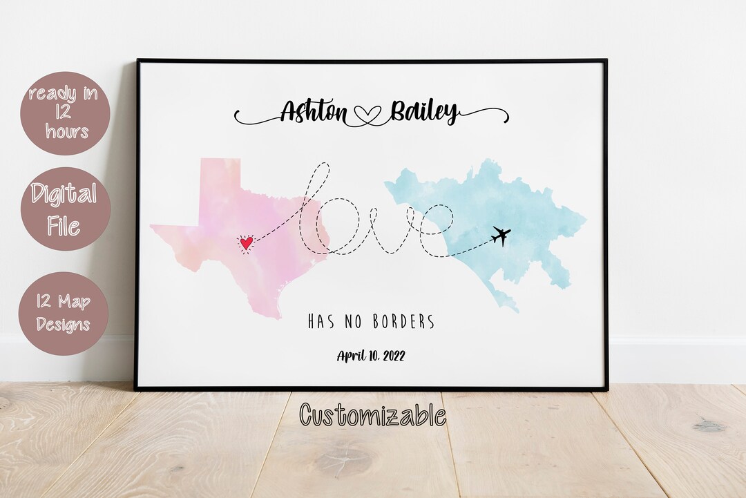 Personalized Two-country Map Print: Long Distance Love Art (digital ...