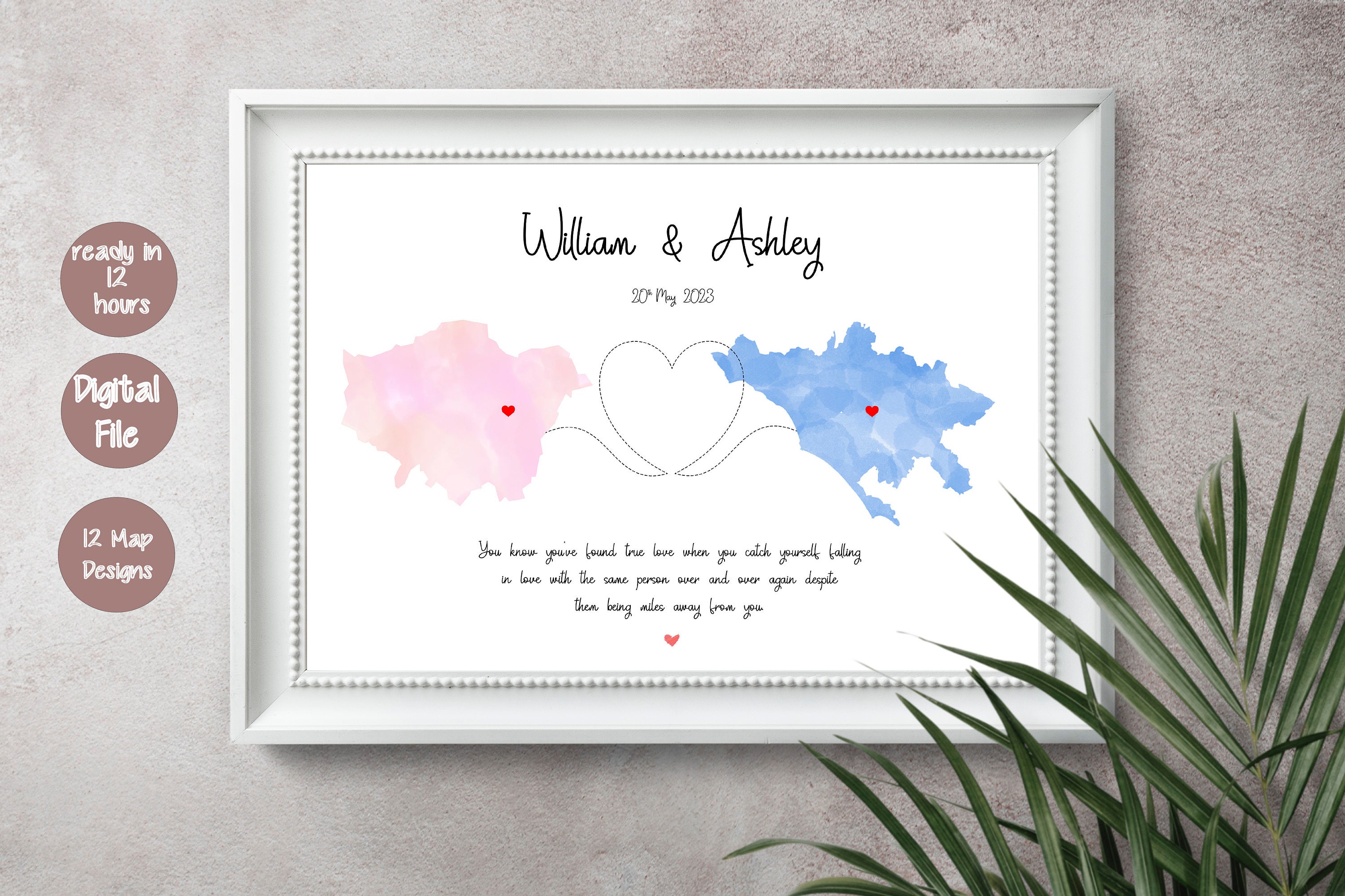 Personalized Watercolor Map Print: Long Distance Love, Custom Country ...