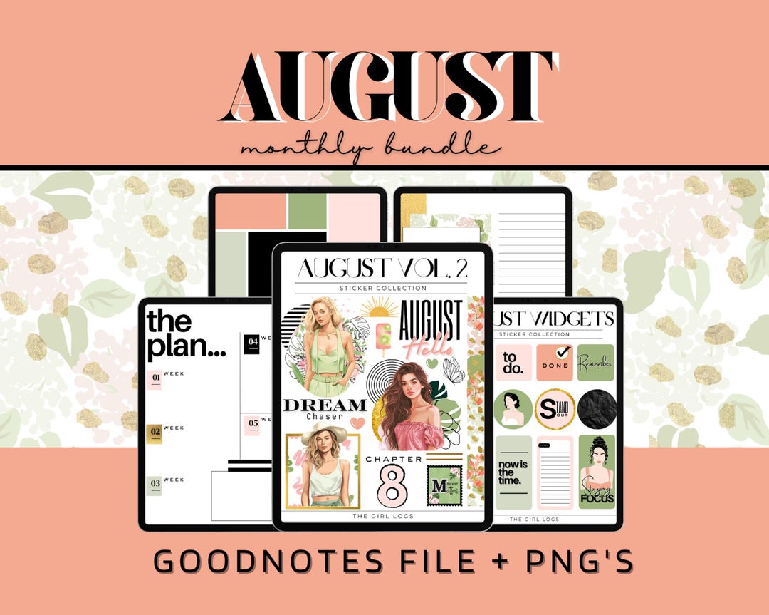 2024 August Digital Bundle, August Goodnotes Pre-cropped Stickers ...