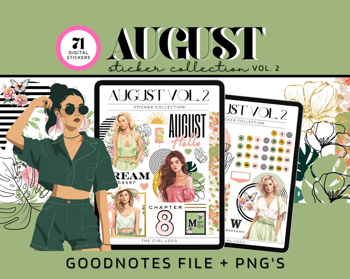 2024 August Digital Stickers for Goodnotes, Goodnotes Monthly August ...