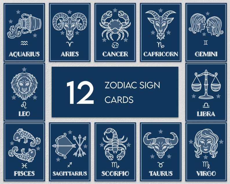 12 Zodiac Sign Printable Cards Star Sign Astrology Cards Instant ...