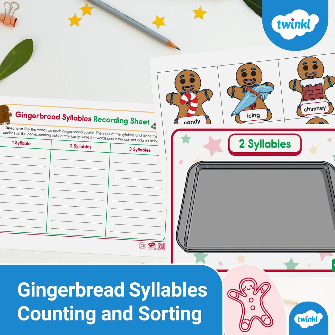 Gingerbread Syllables Counting and Sorting - Holiday Literacy Activity ...