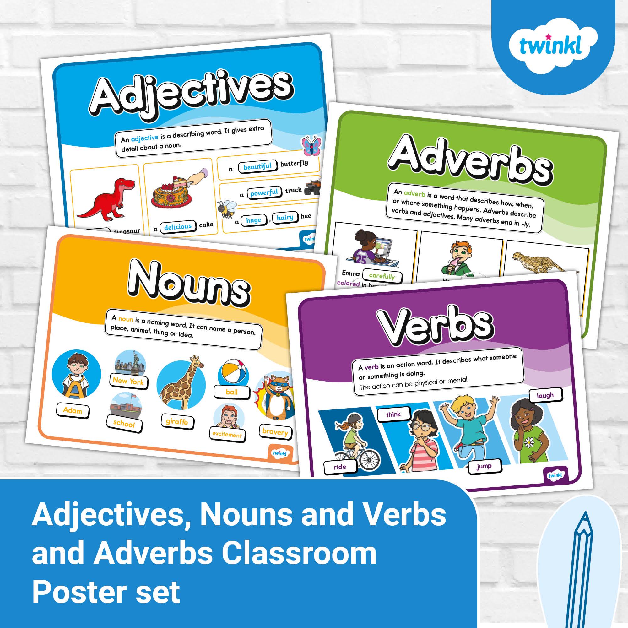 Adjectives, Nouns and Verbs and Adverbs Classroom Poster Set - Etsy
