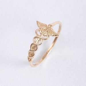 14K 18K REAL Gold Sideway Caduceus Ring, Dainty Ring, Medical Symbol Caduceus Snake Ring ...