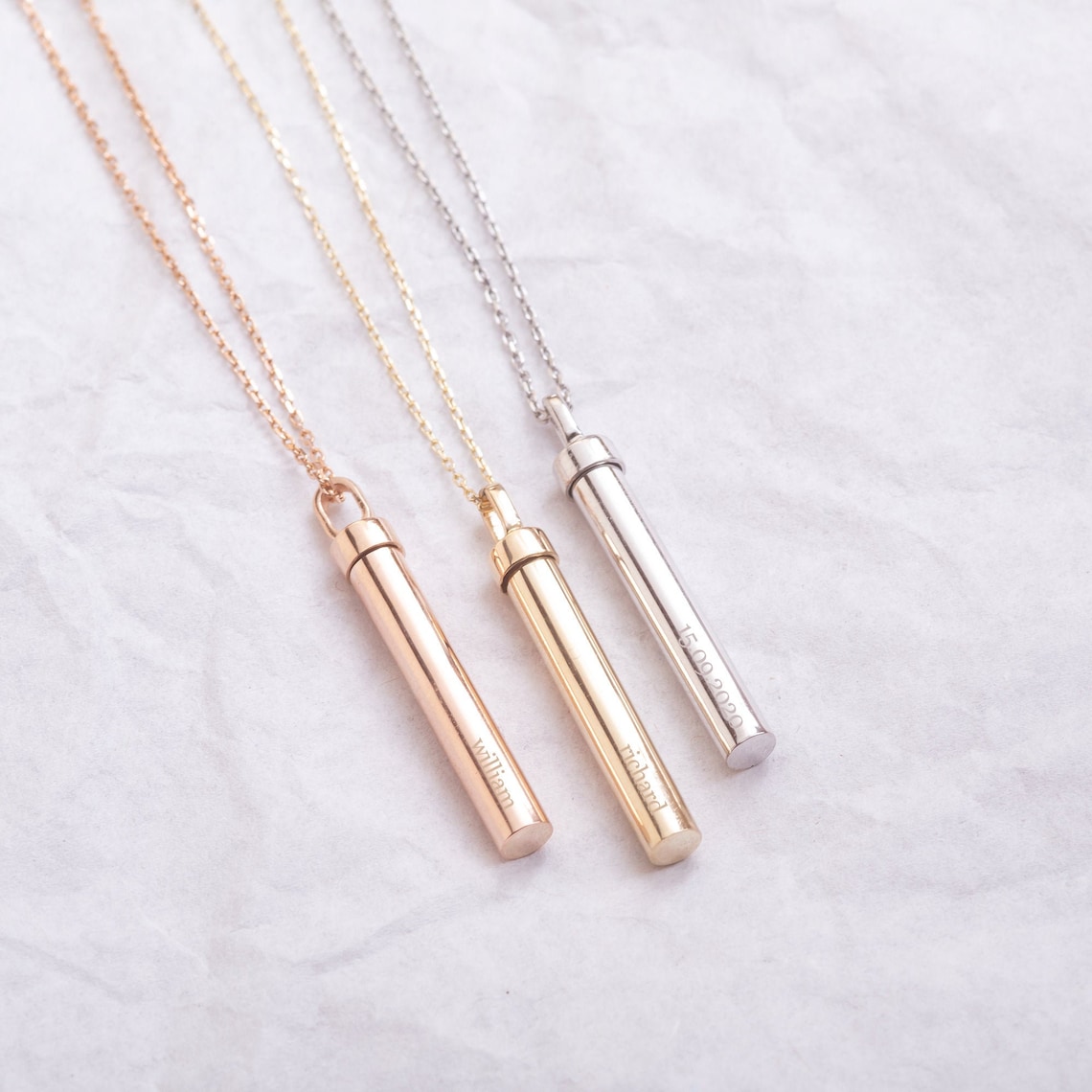 14K 18K Real Gold Personalized Urn Bar Ashes Cylinder Necklace ...