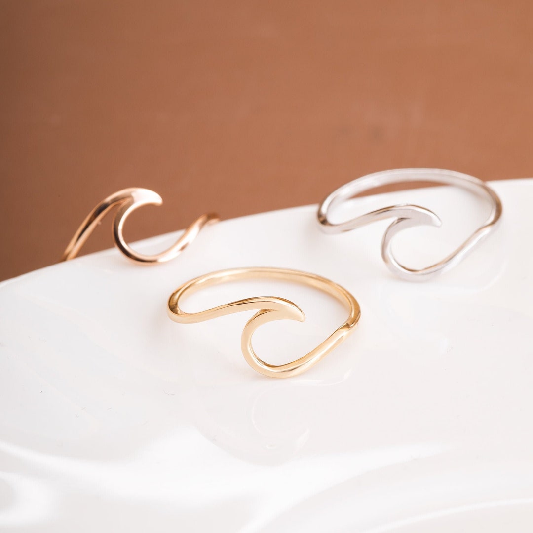 14K 18K Real Gold Dainty Wave Stacking Ring for Women, Beach Nautical ...