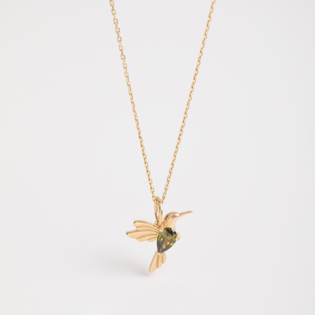 10K 14K 18K Real Gold Hummingbird Necklace, Custom Birthstone ...