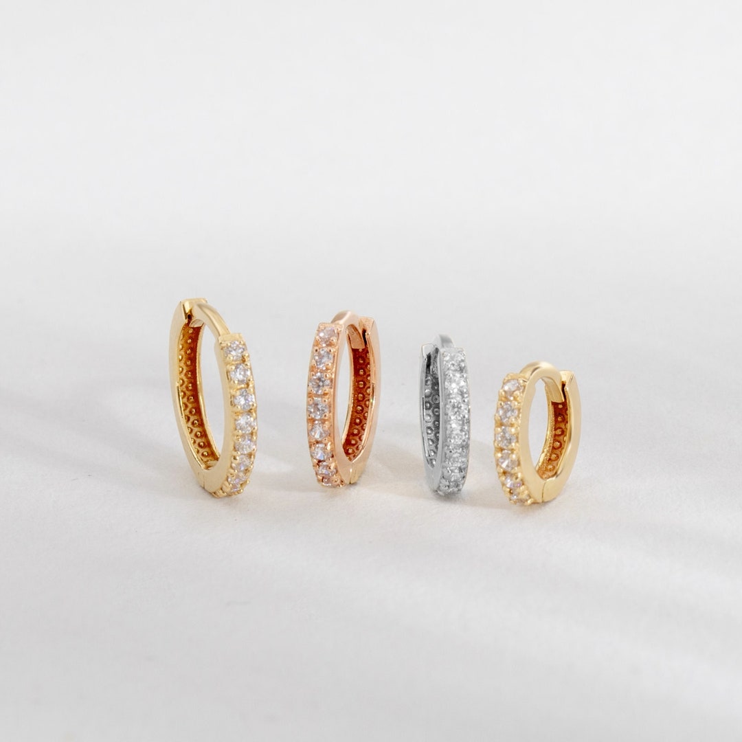 Tiny Hoop Earrings in 14K 18K Real Gold, Minimalist Pave CZ Hoop ...