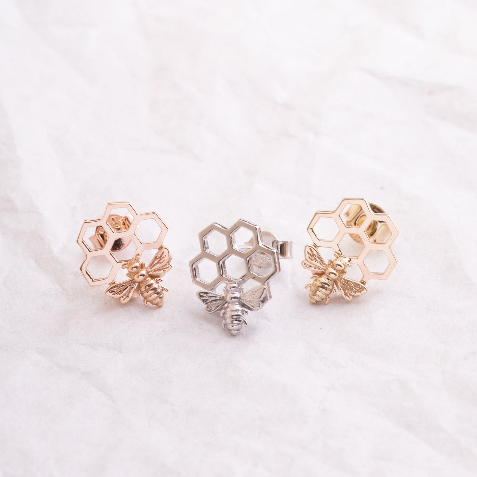 14K 18K Real Gold Honeycomb Bee Studs Earring Gold Bee on | Etsy