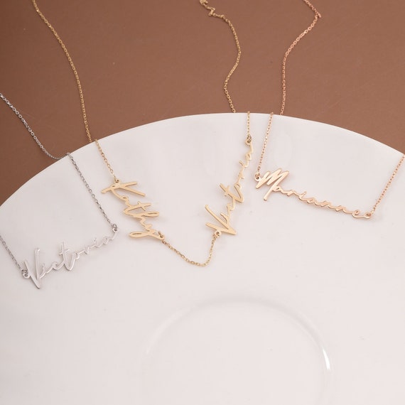 14K 18K Real Gold Handwriting Name Necklace Custom Cursive | Etsy