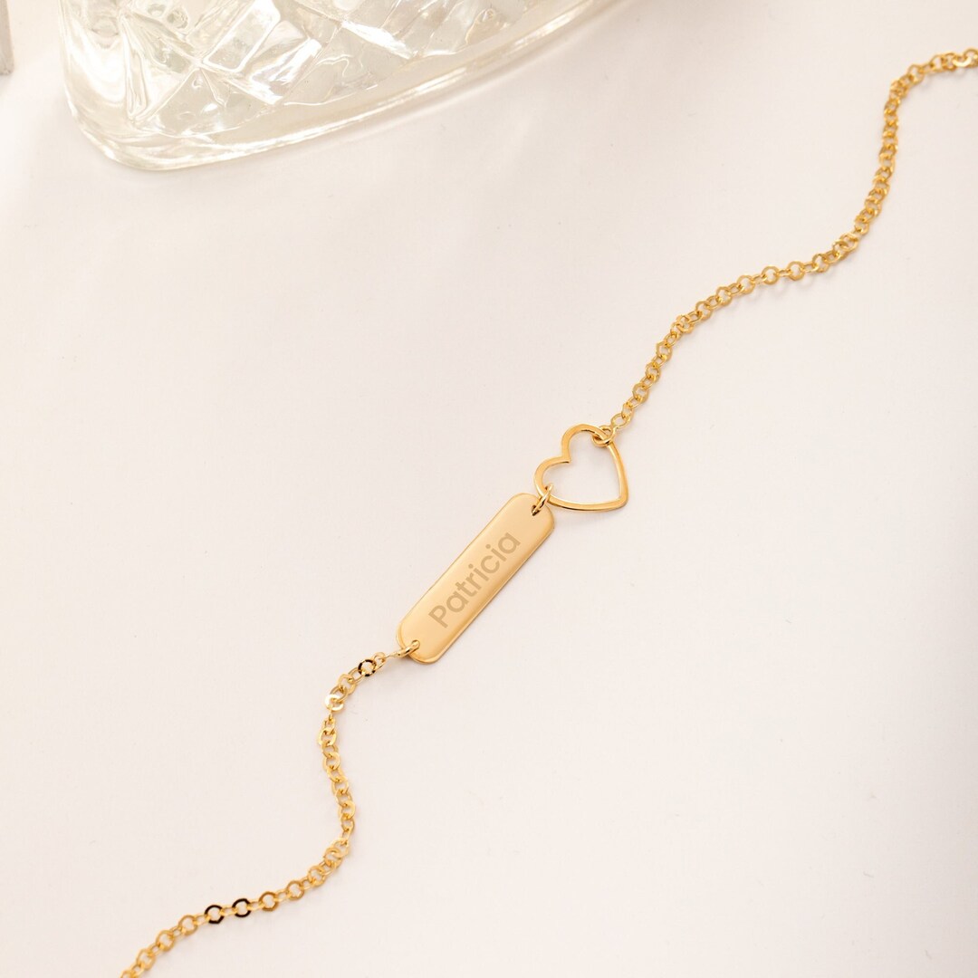 14K Real Gold Custom Child ID Bracelet, Baby Bar Name Bracelet With ...