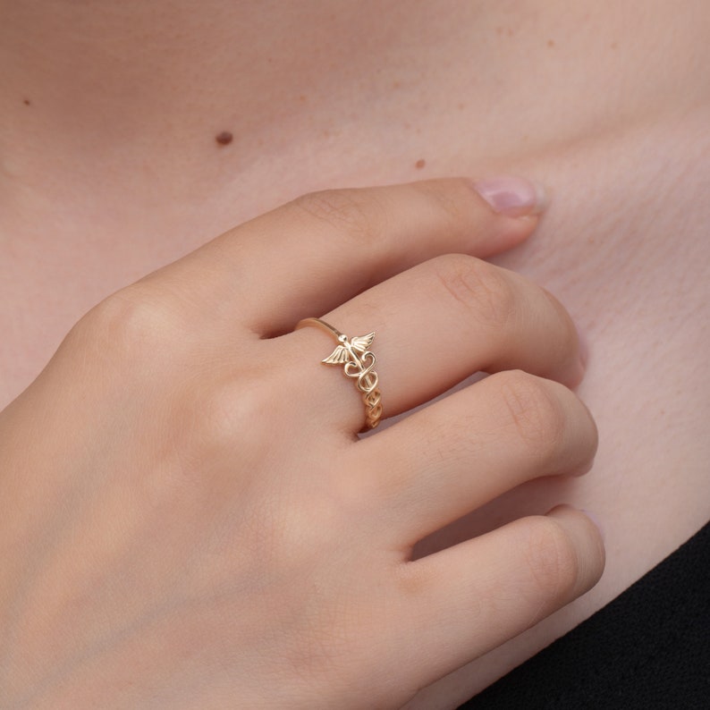 Rod of Asclepius Ring, Healing Jewelry, 10K 14K 18K Real Gold Caduceus ...