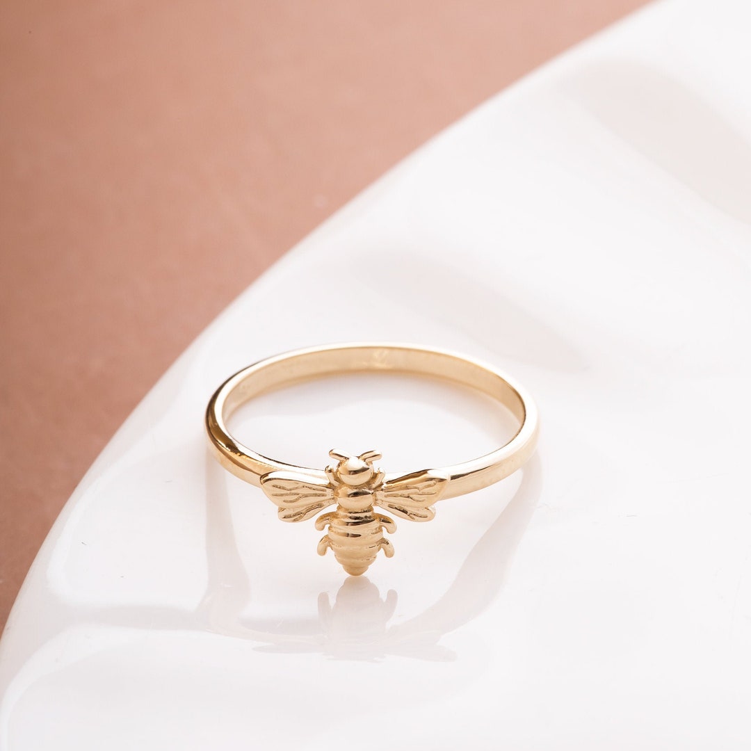 14K 18K Real Gold Bumble Bee Stacking Ring, Delicate Minimalist Ring ...