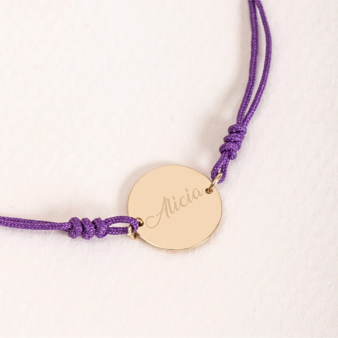 Personalized 14K Gold Disc Bracelet, Custom Engraved Medallion Macrame ...