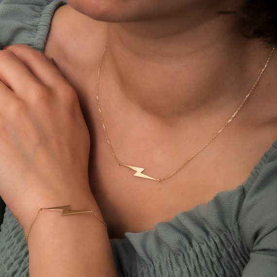 14K Real Gold Lightning Bolt Charm Necklace Thunder Strike | Etsy
