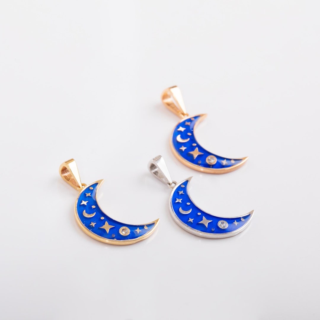 14K 18K Solid Gold Crescent Moon Pendant With Night Blue Enamel ...