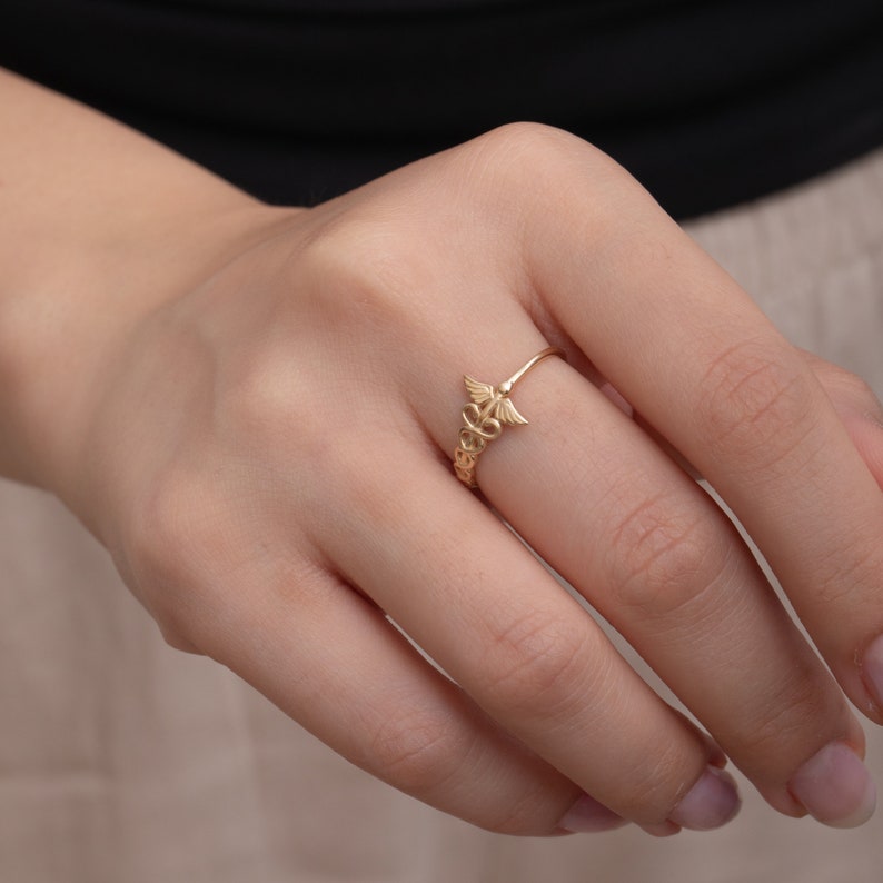 Rod of Asclepius Ring, Healing Jewelry, 10K 14K 18K Real Gold Caduceus ...
