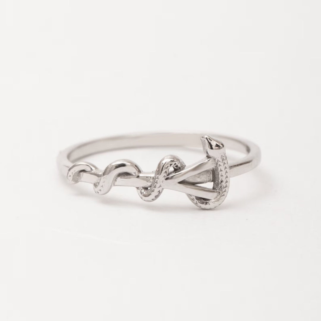Medical Symbol Snake Ring in 14K 18K REAL Gold, Rose White Gold Rod of Asclepius Ring, Medical ...