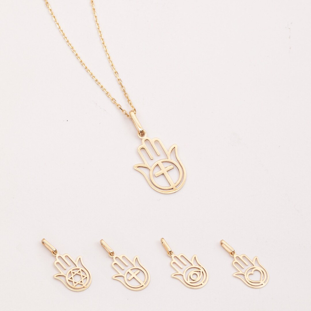 14K 18K REAL Gold Hamsa Hand Pendant, Tiny Cross Hamsa Necklace, Fatima ...