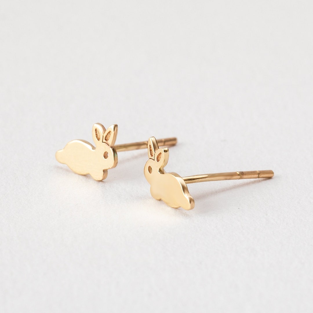 14K 18K Real Solid Rabbit Earrings, Delicate Minimalist Bunny Earrings ...