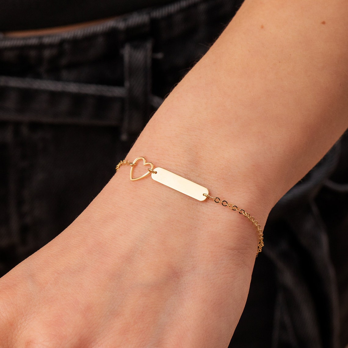 14K Real Gold Custom Child ID Bracelet, Baby Bar Name Bracelet With ...