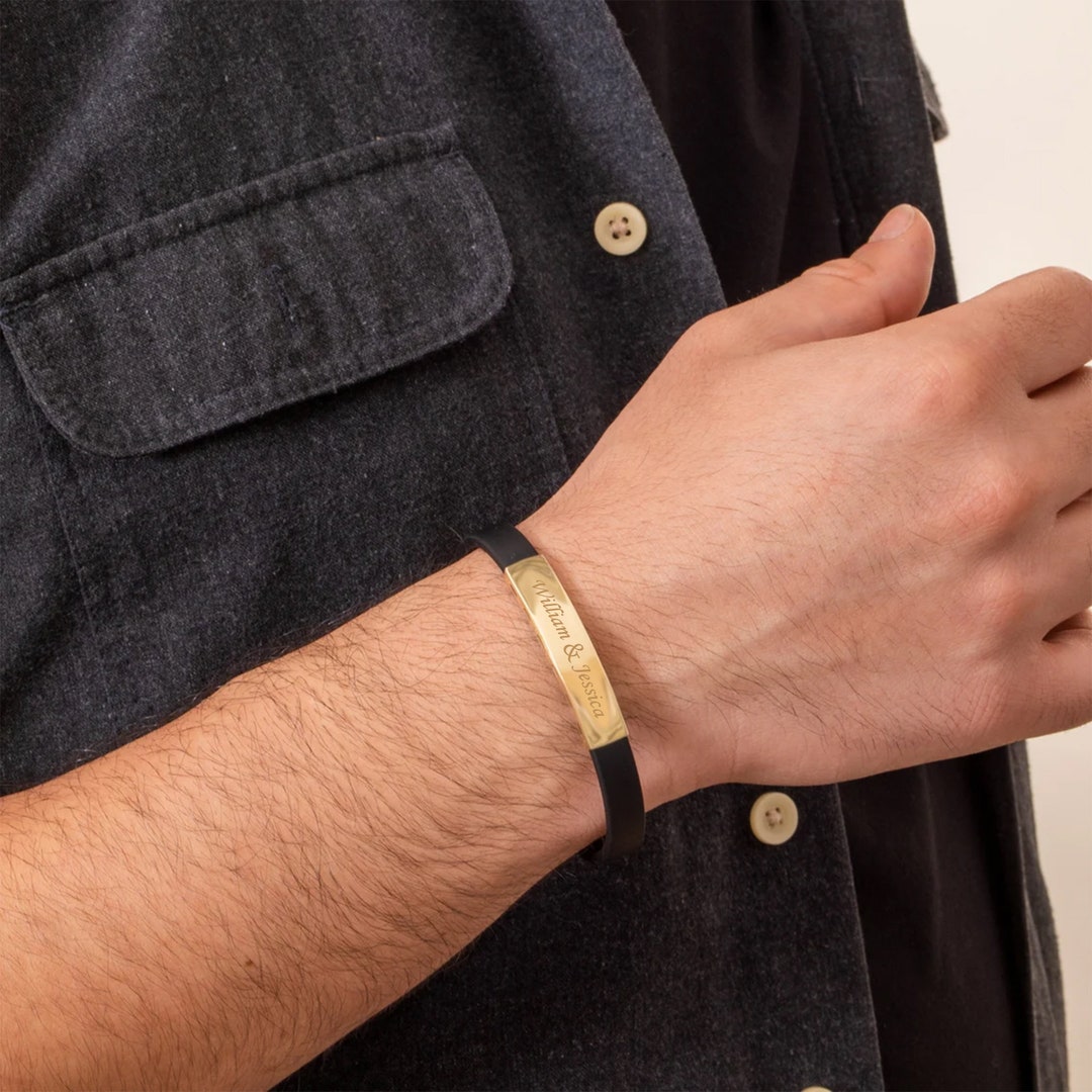14K Solid Gold Personalized Bar Bracelet, Custom Engrave Men's Rubber ...