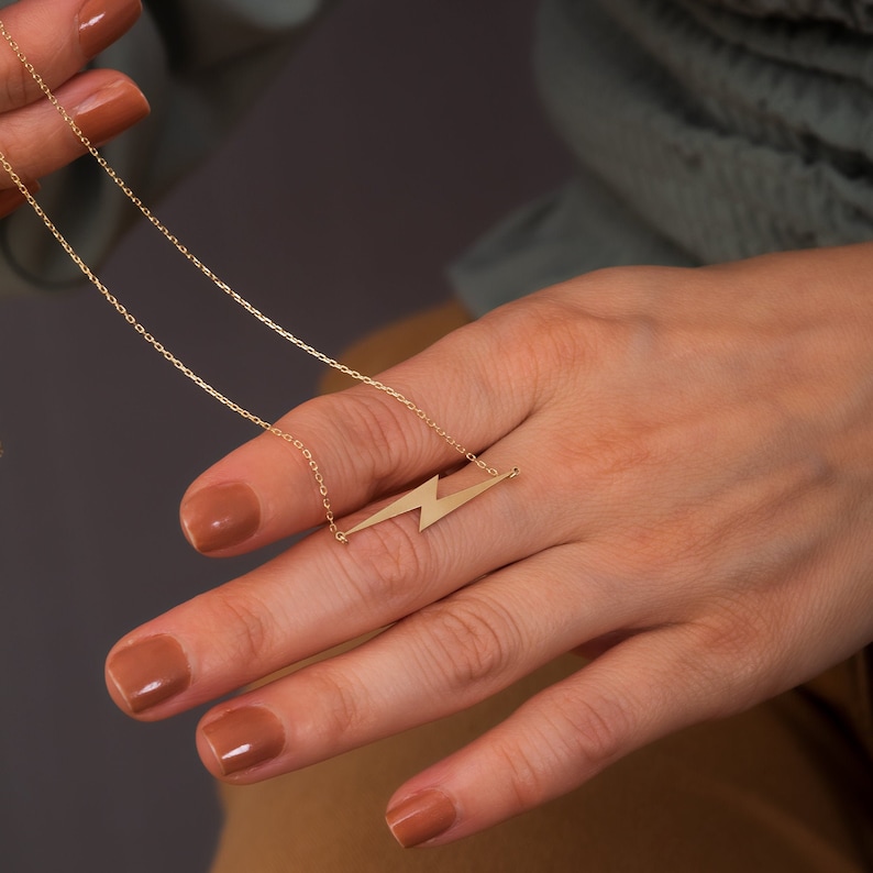 14K Real Gold Lightning Bolt Charm Necklace Thunder Strike | Etsy