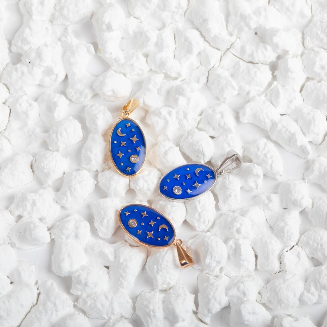 Night Blue Enamel Oval Moon Star Pendant, 14K 18K SOLID Gold Oval Shape ...