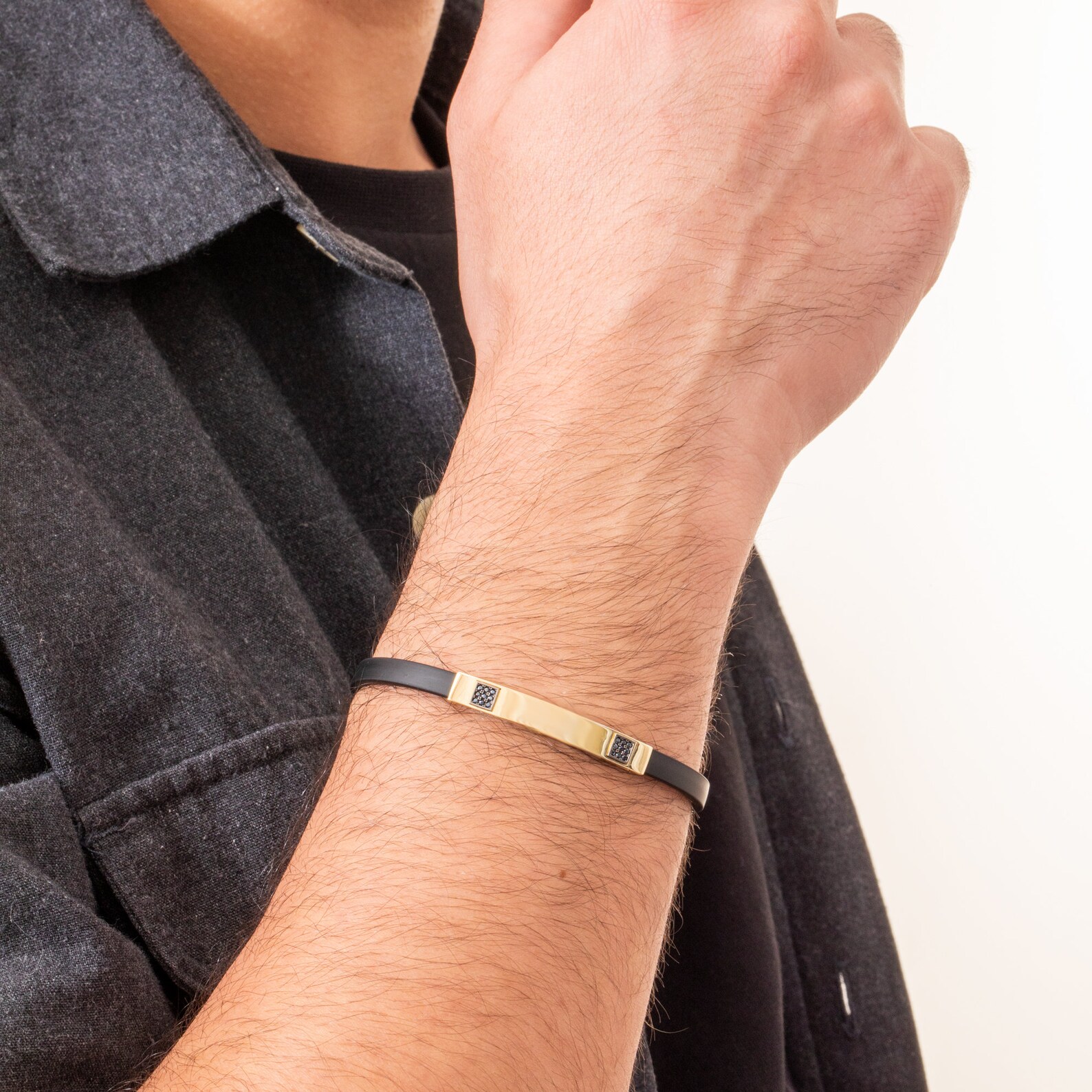 14K Solid Gold Custom Engrave Bar Bracelet for Men, Rubber Bangle ...