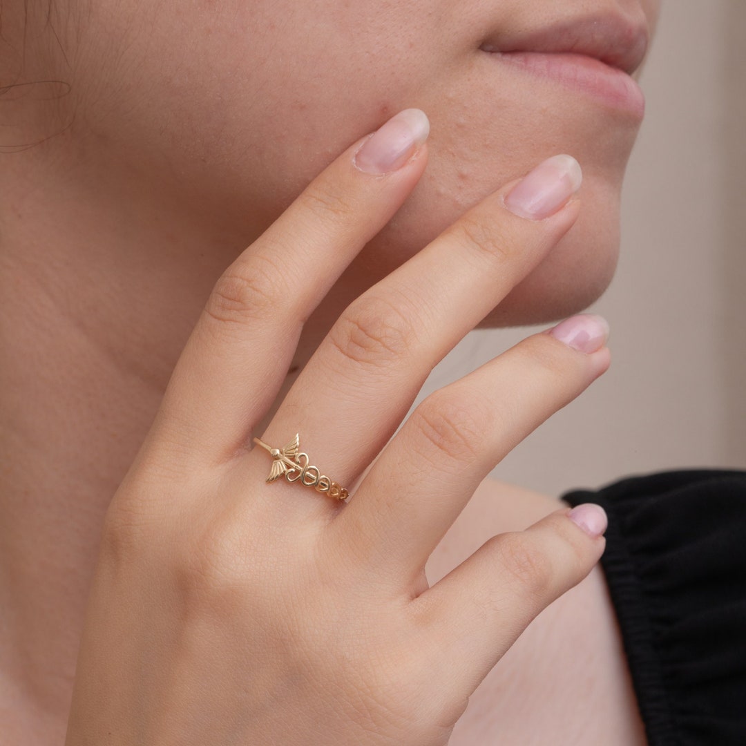 Rod of Asclepius Ring, Healing Jewelry, 10K 14K 18K Real Gold Caduceus Symbol Ring, Gift for ...