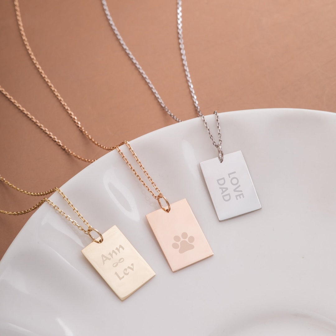 14K 18K Real Gold Personalised Rectangular Tag Necklace, Rose or White ...