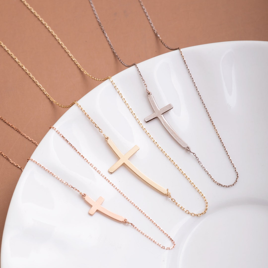 14K 18K Real Gold Sideways Curved Cross Pendant Necklace, Dainty off ...