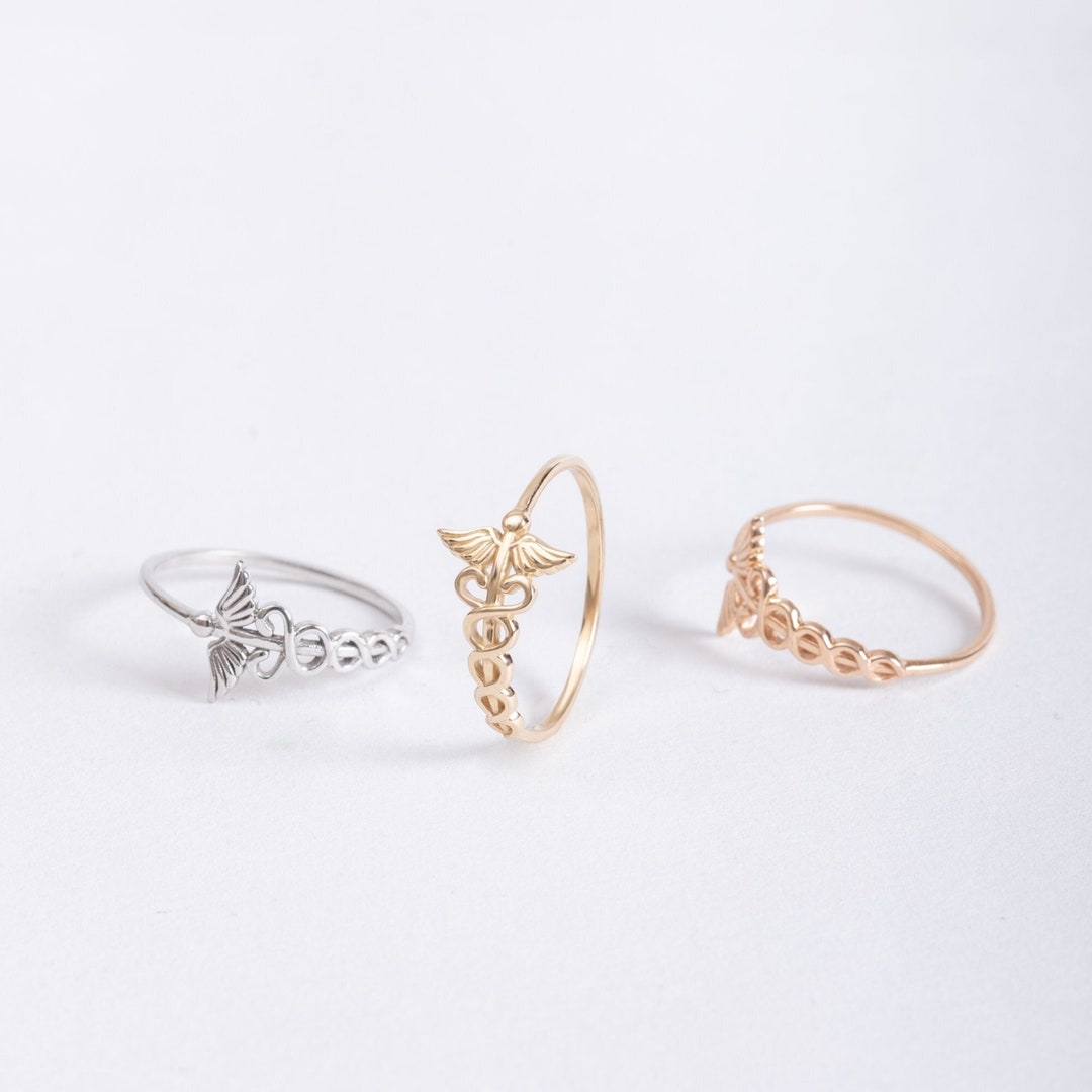 14K 18K REAL Gold Sideway Caduceus Ring, Dainty Ring, Medical Symbol Caduceus Snake Ring ...